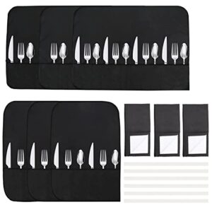 6pcs silver flatware storage, anti tarnish silverware storage, spreader knife storage bags, silver protector bag for silver organized & store with 3 silver polishing cloth & 12ribbons – black (6 pcs)