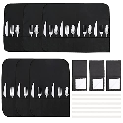 6Pcs Silver Flatware Storage, Anti Tarnish Silverware Storage, Spreader Knife Storage Bags, Silver Protector Bag for Silver Organized & Store with 3 Silver Polishing Cloth & 12Ribbons - Black (6 PCS)