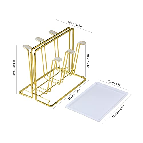 KCGANI Cup Bottle Drying Rack Stand, Metal Mugs Holder with Drain Tray, 6 Hooks Drying Organizer with Handle, Non-Slip Mugs Cups Organizer for Home Kitchen Countertop, Cabinet, Pantry