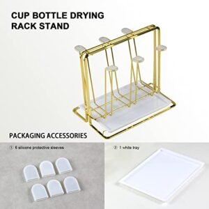 KCGANI Cup Bottle Drying Rack Stand, Metal Mugs Holder with Drain Tray, 6 Hooks Drying Organizer with Handle, Non-Slip Mugs Cups Organizer for Home Kitchen Countertop, Cabinet, Pantry