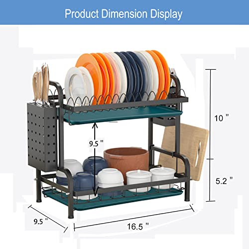 junyuan Dish Drying Rack with Drainboard, 2 Tier Dish Rack with Knife Holder, Utensils Holder,Cutting Board Holder, Dish Drainer for Kitchen Countertop