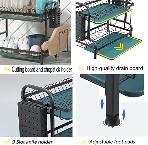 junyuan Dish Drying Rack with Drainboard, 2 Tier Dish Rack with Knife Holder, Utensils Holder,Cutting Board Holder, Dish Drainer for Kitchen Countertop