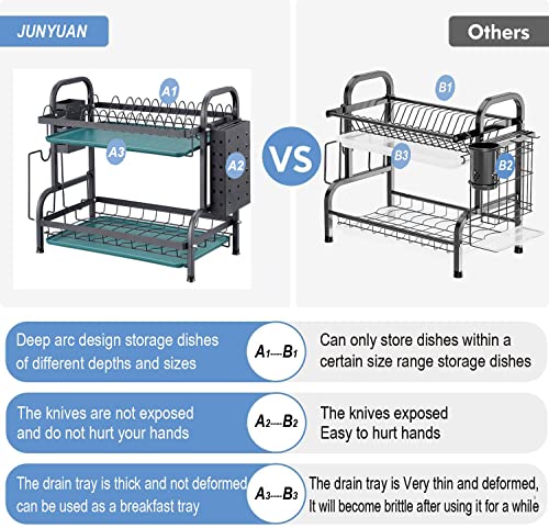 junyuan Dish Drying Rack with Drainboard, 2 Tier Dish Rack with Knife Holder, Utensils Holder,Cutting Board Holder, Dish Drainer for Kitchen Countertop