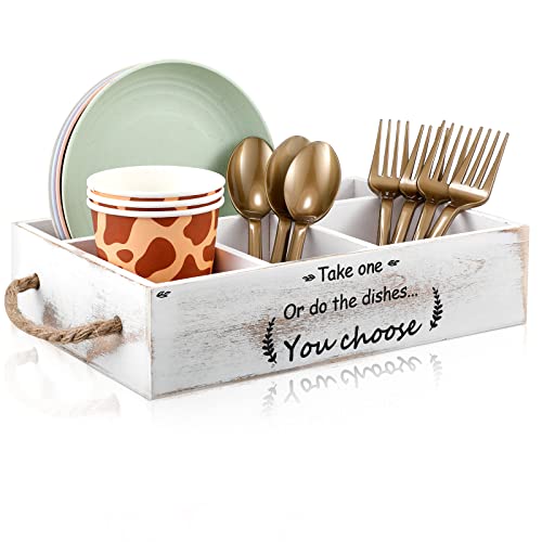 Paper Plate Holder Kitchen Countertop Plate Organizer Utensil Holder Rustic Utensil Caddy Paper Plate Dispenser Cutlery Holder Farmhouse Kitchen Decor with 4 Compartments for Flatware Spoon