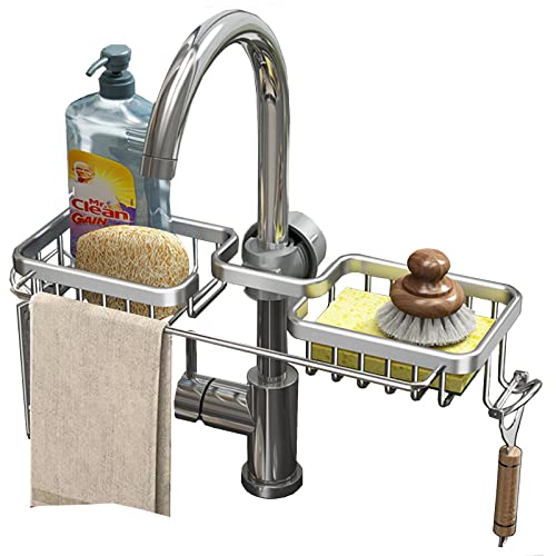 SIMCAS 2023 NeverRust Faucet Sponge Holder Kitchen Sink Caddy, Detachable Faucet Rack Drain Shelf for Sponge, Brush, Soap, Dishcloth, Bathroom Organizer with Hooks, RV & Kitchen Accessories, Aluminum