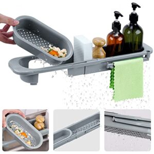 nihome telescopic sink holder with sponge, adjustable kitchen sink organizer rack sponge soap holder expandable storage drain basket sink organizer holder dish cloth hanger for home kitchen (grey)