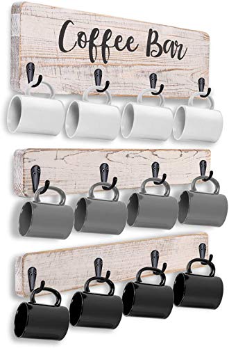 Coffee Mug Holder,Wall Mounted Coffee Mug Rack,Rustic Wood Cup Organizer with 12 Hooks,Kitchen Display Storage and Collection (White)