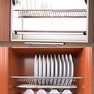 Kitchen Hardware Collection 2 Tier Cabinet Dish Drying Rack Stainless Steel 22.24 Inch Length 20 Dish Slots Kitchen Plate Bowl Utensils Cups Draining Rack Organizer with Drainboard