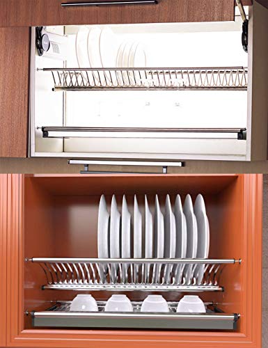 Kitchen Hardware Collection 2 Tier Cabinet Dish Drying Rack Stainless Steel 22.24 Inch Length 20 Dish Slots Kitchen Plate Bowl Utensils Cups Draining Rack Organizer with Drainboard