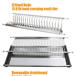 Kitchen Hardware Collection 2 Tier Cabinet Dish Drying Rack Stainless Steel 22.24 Inch Length 20 Dish Slots Kitchen Plate Bowl Utensils Cups Draining Rack Organizer with Drainboard