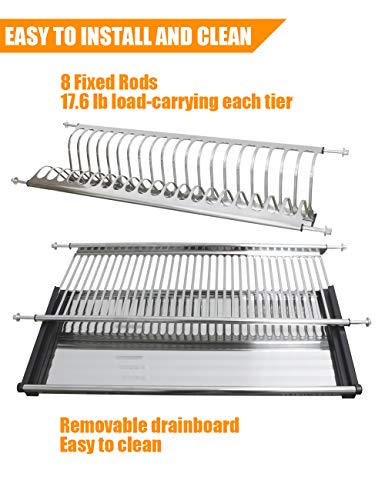 Kitchen Hardware Collection 2 Tier Cabinet Dish Drying Rack Stainless Steel 22.24 Inch Length 20 Dish Slots Kitchen Plate Bowl Utensils Cups Draining Rack Organizer with Drainboard