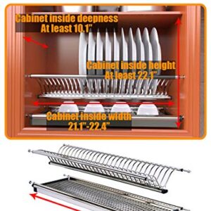 Kitchen Hardware Collection 2 Tier Cabinet Dish Drying Rack Stainless Steel 22.24 Inch Length 20 Dish Slots Kitchen Plate Bowl Utensils Cups Draining Rack Organizer with Drainboard