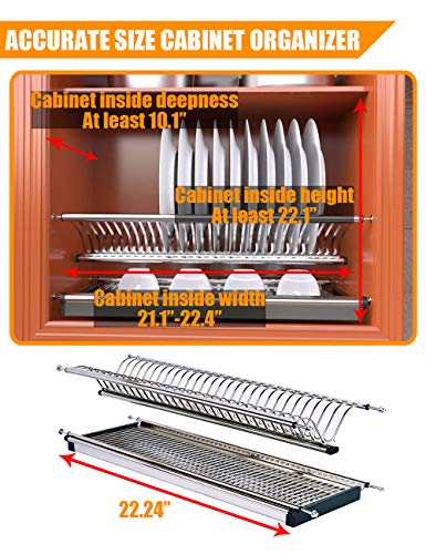 Kitchen Hardware Collection 2 Tier Cabinet Dish Drying Rack Stainless Steel 22.24 Inch Length 20 Dish Slots Kitchen Plate Bowl Utensils Cups Draining Rack Organizer with Drainboard