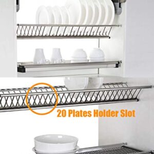 Kitchen Hardware Collection 2 Tier Cabinet Dish Drying Rack Stainless Steel 22.24 Inch Length 20 Dish Slots Kitchen Plate Bowl Utensils Cups Draining Rack Organizer with Drainboard