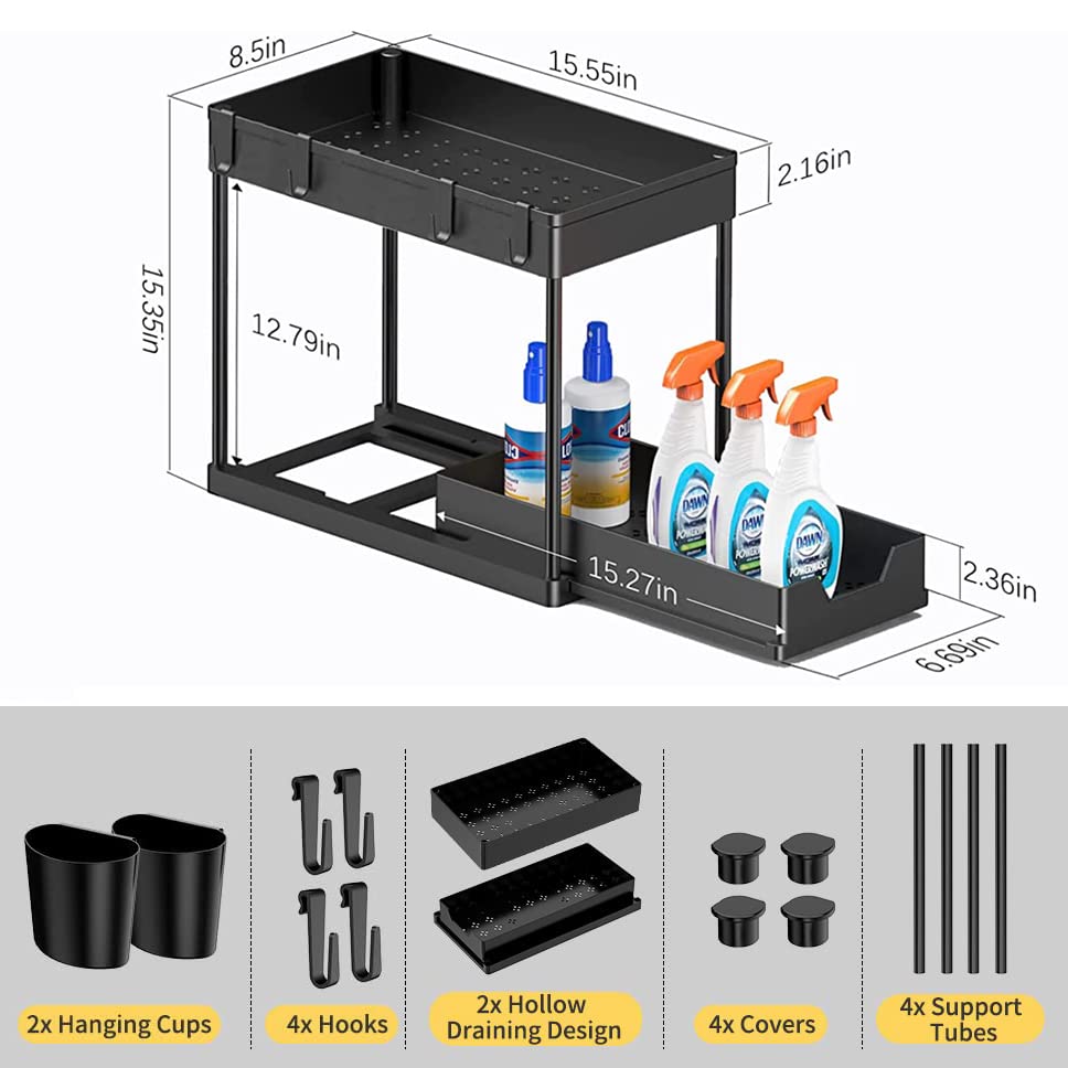 DBDEIW Under Sink Pull Out Home Organizers and Storage,2 Tier Under Cabinet Organizer with Sliding Basket Drawer,Under-Sink Organizers with Hooks & Hanging Cups for Bathroom/Kitchen,Black