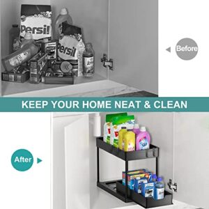 DBDEIW Under Sink Pull Out Home Organizers and Storage,2 Tier Under Cabinet Organizer with Sliding Basket Drawer,Under-Sink Organizers with Hooks & Hanging Cups for Bathroom/Kitchen,Black