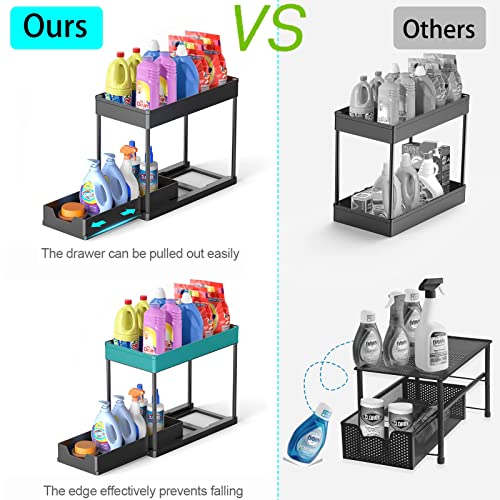 DBDEIW Under Sink Pull Out Home Organizers and Storage,2 Tier Under Cabinet Organizer with Sliding Basket Drawer,Under-Sink Organizers with Hooks & Hanging Cups for Bathroom/Kitchen,Black