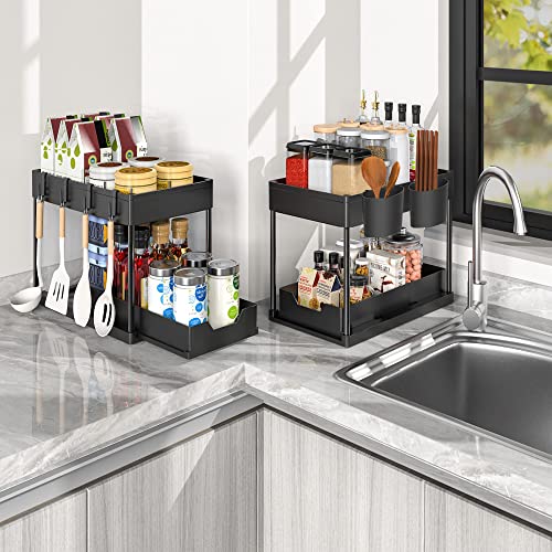 DBDEIW Under Sink Pull Out Home Organizers and Storage,2 Tier Under Cabinet Organizer with Sliding Basket Drawer,Under-Sink Organizers with Hooks & Hanging Cups for Bathroom/Kitchen,Black