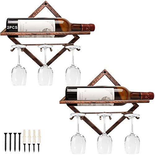 2Pcs Metal Wall Mounted Wine Holder Stemware Glass Rack, Collapsible Hanging Red Wine Racks Organizer with 3 Stem Glass Holders, Wine Bottle Display Hanger for Home Kitchen Bar Decor