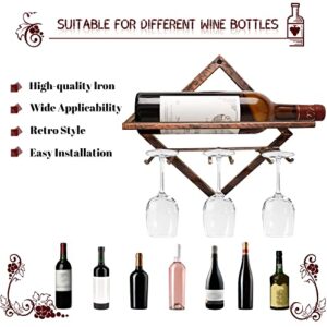 2Pcs Metal Wall Mounted Wine Holder Stemware Glass Rack, Collapsible Hanging Red Wine Racks Organizer with 3 Stem Glass Holders, Wine Bottle Display Hanger for Home Kitchen Bar Decor