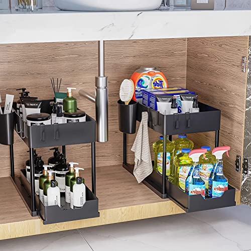 Under Sink Organizer-2 Tier Bathroom Organizer Under Sink Shelf,Under Sliding Sink Organizer,Under Cabinet Organizer Baskets,Multi-purpose Under Sink Shelf Organizer for Bathroom Kitchen（Black）