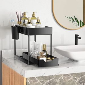 Under Sink Organizer-2 Tier Bathroom Organizer Under Sink Shelf,Under Sliding Sink Organizer,Under Cabinet Organizer Baskets,Multi-purpose Under Sink Shelf Organizer for Bathroom Kitchen（Black）