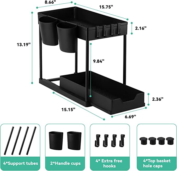 Under Sink Organizer-2 Tier Bathroom Organizer Under Sink Shelf,Under Sliding Sink Organizer,Under Cabinet Organizer Baskets,Multi-purpose Under Sink Shelf Organizer for Bathroom Kitchen（Black）