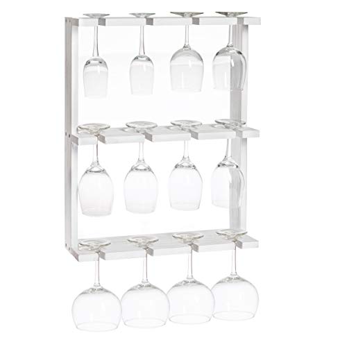 Ilyapa Wine Glass Rack, Wall Mounted - 3 Tier Rustic Weathered White Wood Stemware Storage Holder