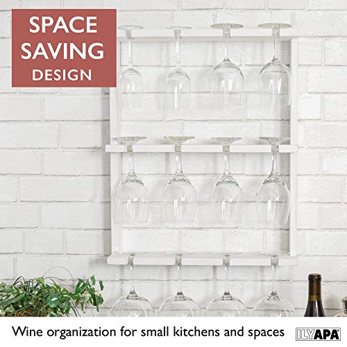 Ilyapa Wine Glass Rack, Wall Mounted - 3 Tier Rustic Weathered White Wood Stemware Storage Holder