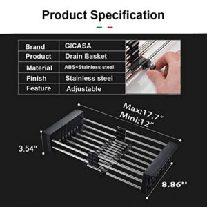 GICASA Adjustable Stainless Steel Drainer Basket Drain Tray for Dish Vegetable Fruit, On Counter Dish Rack or in Sink Over Sink Kitchen Basket Dish Drying Rack