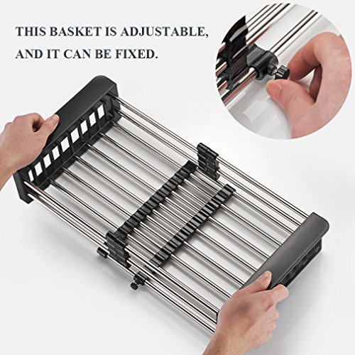 GICASA Adjustable Stainless Steel Drainer Basket Drain Tray for Dish Vegetable Fruit, On Counter Dish Rack or in Sink Over Sink Kitchen Basket Dish Drying Rack