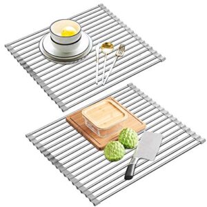 dish drying rack, 2 pack roll up drying rack, foldable utensil plates holders, multipurpose over sink dish rack rustproof silicone dish drainers heat resistant mat for kitchen(18.5×13.8inch)