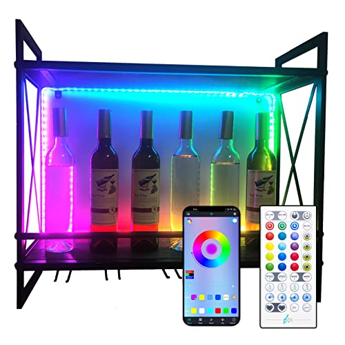 RGB IC LED Wine Racks Wall Mounted, Remote Control and 5 Stem Wine Glass Holders, 23.6 in Industrial Metal Hanging Wine Rack, Rustic Bottle Holder Glass Rack, 2-Tiers Bar Shelves for Home, Dining Room