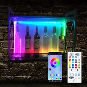 RGB IC LED Wine Racks Wall Mounted, Remote Control and 5 Stem Wine Glass Holders, 23.6 in Industrial Metal Hanging Wine Rack, Rustic Bottle Holder Glass Rack, 2-Tiers Bar Shelves for Home, Dining Room