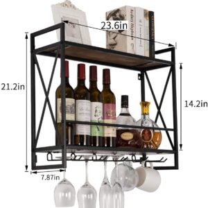 RGB IC LED Wine Racks Wall Mounted, Remote Control and 5 Stem Wine Glass Holders, 23.6 in Industrial Metal Hanging Wine Rack, Rustic Bottle Holder Glass Rack, 2-Tiers Bar Shelves for Home, Dining Room