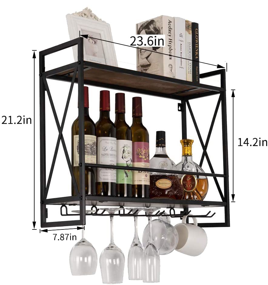 RGB IC LED Wine Racks Wall Mounted, Remote Control and 5 Stem Wine Glass Holders, 23.6 in Industrial Metal Hanging Wine Rack, Rustic Bottle Holder Glass Rack, 2-Tiers Bar Shelves for Home, Dining Room