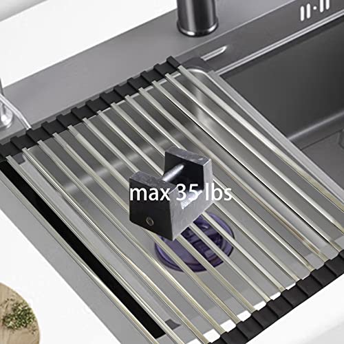 Roll Up Dish Drying Rack Over Sink Over The Sink Dish Drying Rack Kitchen Dish Drainer, Folding Dish Rack for Kitchen Sink Counter Stainless Steel Rectangular Tubing Mat Foldable Dish Dryer Racks