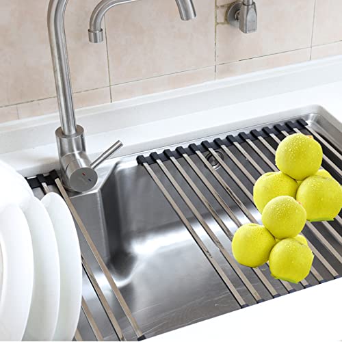 Roll Up Dish Drying Rack Over Sink Over The Sink Dish Drying Rack Kitchen Dish Drainer, Folding Dish Rack for Kitchen Sink Counter Stainless Steel Rectangular Tubing Mat Foldable Dish Dryer Racks