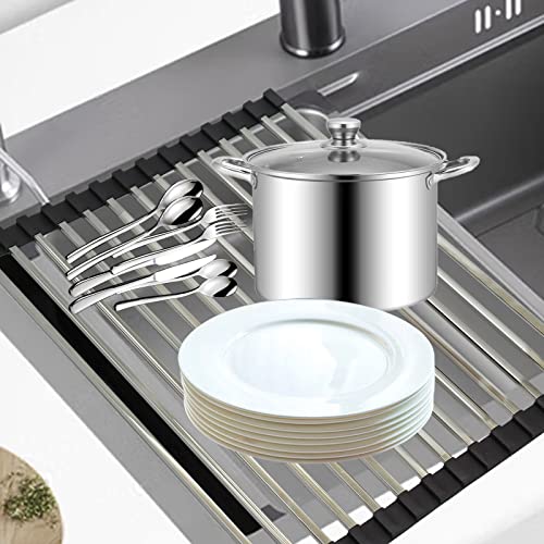 Roll Up Dish Drying Rack Over Sink Over The Sink Dish Drying Rack Kitchen Dish Drainer, Folding Dish Rack for Kitchen Sink Counter Stainless Steel Rectangular Tubing Mat Foldable Dish Dryer Racks