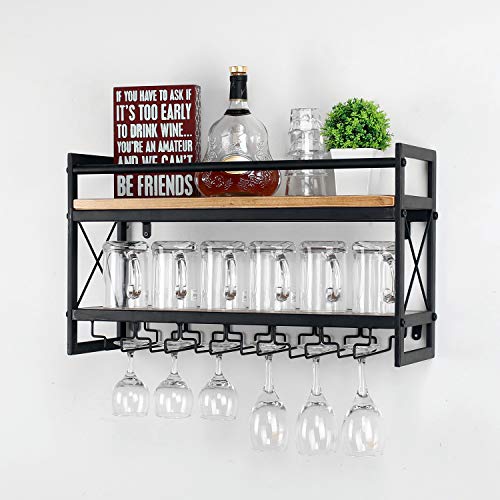 MBQQ Wine Rack Stemware Glass Rack,Industrial 2-Tier Wood Shelf,24in Wall Mounted Wine Racks with 6 Glass Holder for Wine Glasses,Mugs,Home Decor,Black