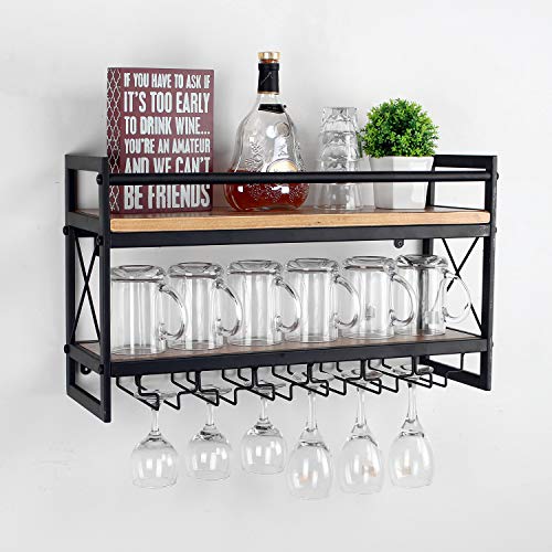 MBQQ Wine Rack Stemware Glass Rack,Industrial 2-Tier Wood Shelf,24in Wall Mounted Wine Racks with 6 Glass Holder for Wine Glasses,Mugs,Home Decor,Black