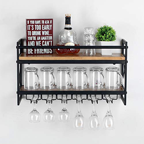 MBQQ Wine Rack Stemware Glass Rack,Industrial 2-Tier Wood Shelf,24in Wall Mounted Wine Racks with 6 Glass Holder for Wine Glasses,Mugs,Home Decor,Black