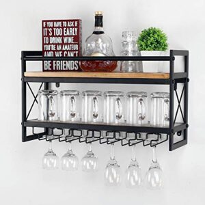 MBQQ Wine Rack Stemware Glass Rack,Industrial 2-Tier Wood Shelf,24in Wall Mounted Wine Racks with 6 Glass Holder for Wine Glasses,Mugs,Home Decor,Black