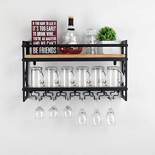 MBQQ Wine Rack Stemware Glass Rack,Industrial 2-Tier Wood Shelf,24in Wall Mounted Wine Racks with 6 Glass Holder for Wine Glasses,Mugs,Home Decor,Black