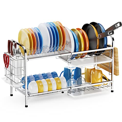 iSPECLE Dish Drying Rack, Expandable 2 Tier Extra Large Dish Rack for Pot and Pan Stainless Steel Pan Rack with Pot Holder Drain Board Utensil Holder for Kitchen Countertop, Silver