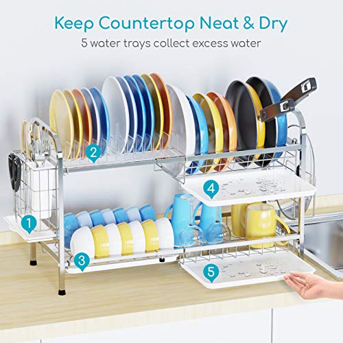 iSPECLE Dish Drying Rack, Expandable 2 Tier Extra Large Dish Rack for Pot and Pan Stainless Steel Pan Rack with Pot Holder Drain Board Utensil Holder for Kitchen Countertop, Silver