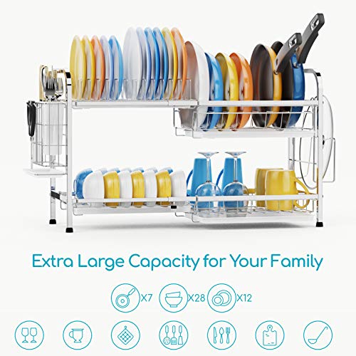 iSPECLE Dish Drying Rack, Expandable 2 Tier Extra Large Dish Rack for Pot and Pan Stainless Steel Pan Rack with Pot Holder Drain Board Utensil Holder for Kitchen Countertop, Silver