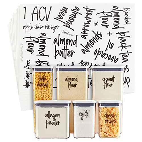 170 Keto Kitchen Pantry Labels for Food Storage Containers, Removable Black Script on Clear Stickers for Organizing Ingredients (Water Resistant)