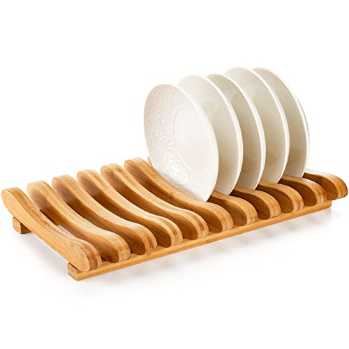 Frcctre Bamboo Dish Drying Rack, 10 Slots Bamboo Cabinet Plate Stand Dish Drainer Wooden Plate Rack Pot Lid Holder Kitchen Dish Plate Storage Organizer for Countertop Cabinet