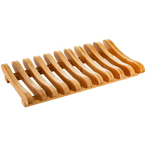 Frcctre Bamboo Dish Drying Rack, 10 Slots Bamboo Cabinet Plate Stand Dish Drainer Wooden Plate Rack Pot Lid Holder Kitchen Dish Plate Storage Organizer for Countertop Cabinet